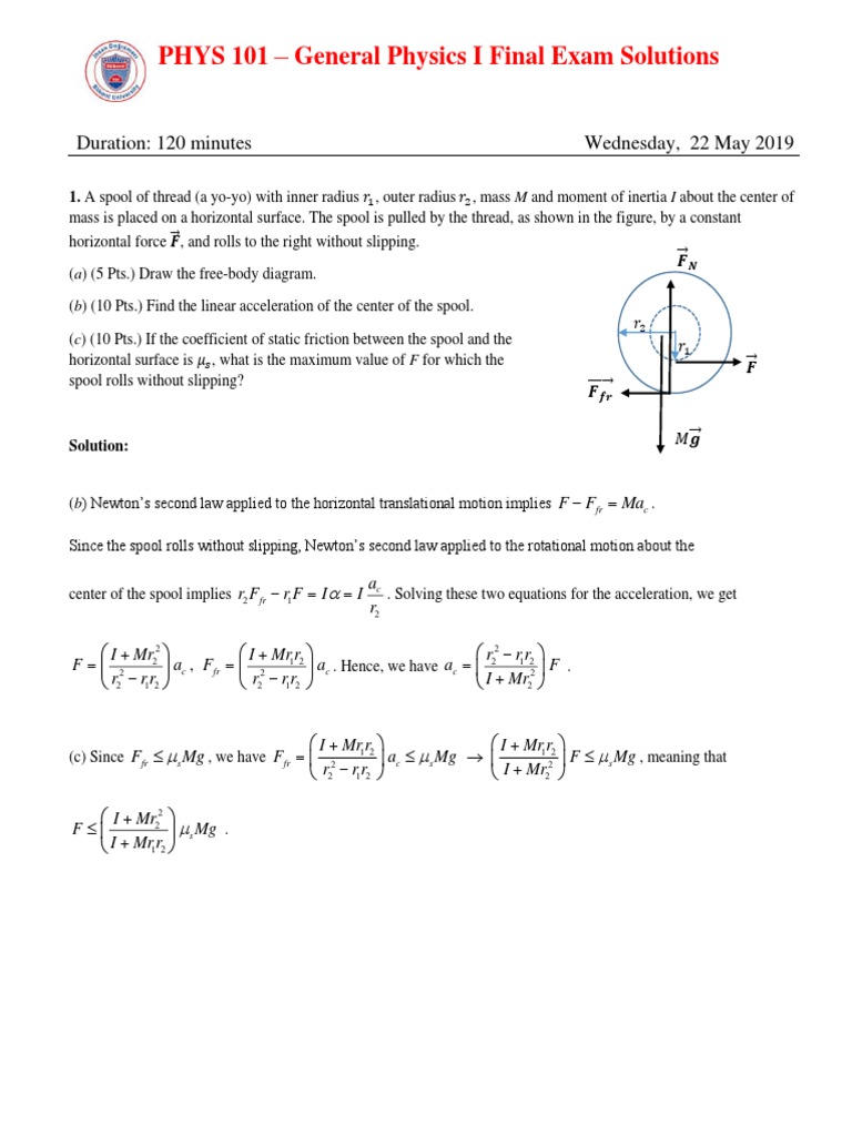 PHYS 101 Final Exam Solutions | PDF | Velocity | Momentum