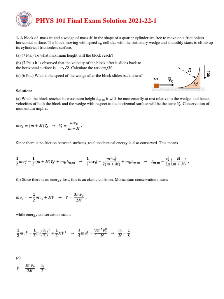 PHYS 101 Final Exam Solution 2021-22-1: 1. A Block of Mass | Download Free PDF | Rotation Around ...