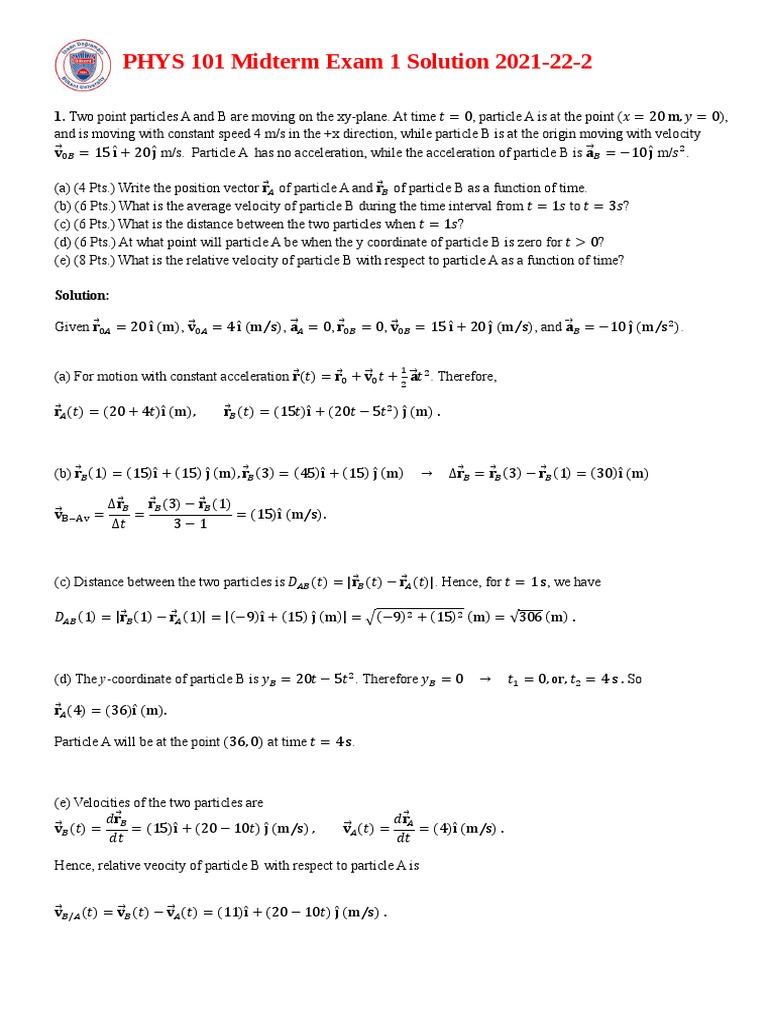 PHYS 101 Midterm Exam 1 Solutions | PDF | Force | Velocity