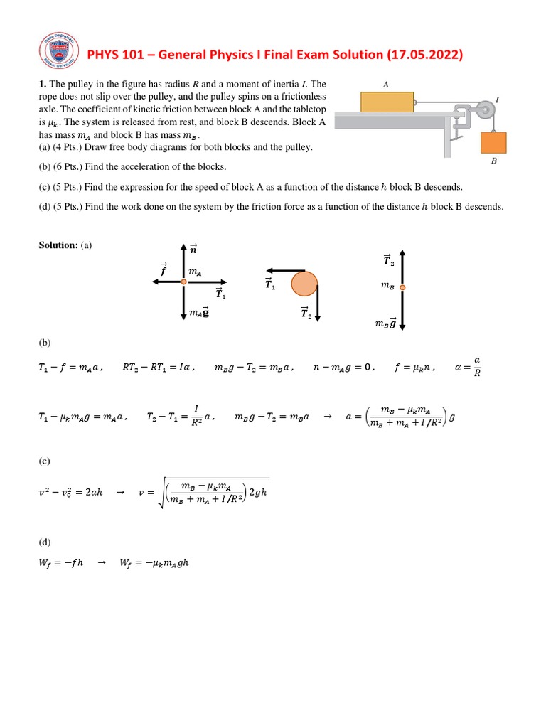 PHYS 101 - General Physics I Final Exam Solution (17.05.2022) | PDF | Momentum | Angular Momentum