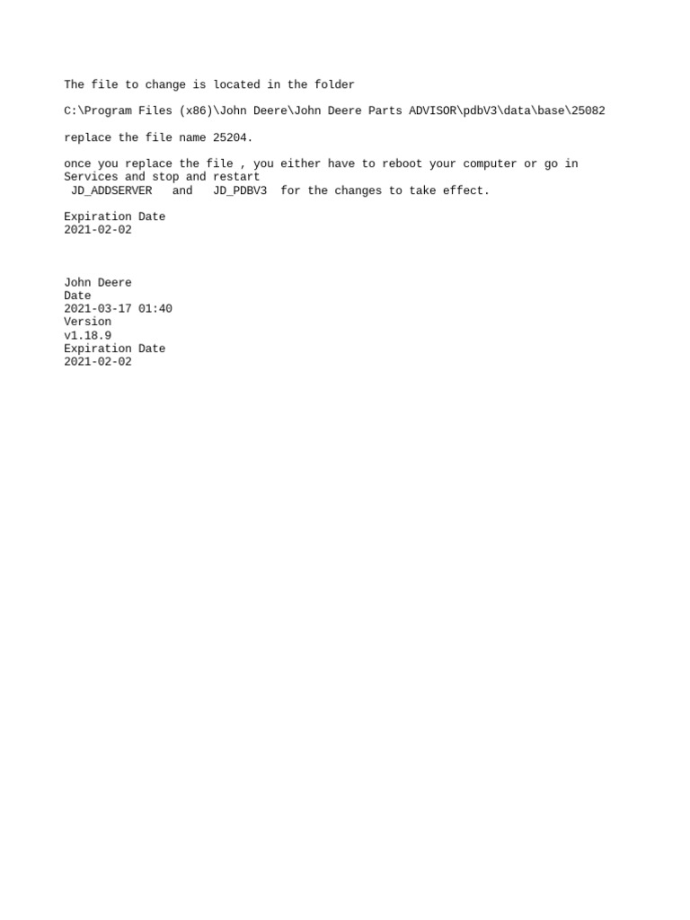 John Deere Parts ADVISOR Expiration Date Fixe | PDF