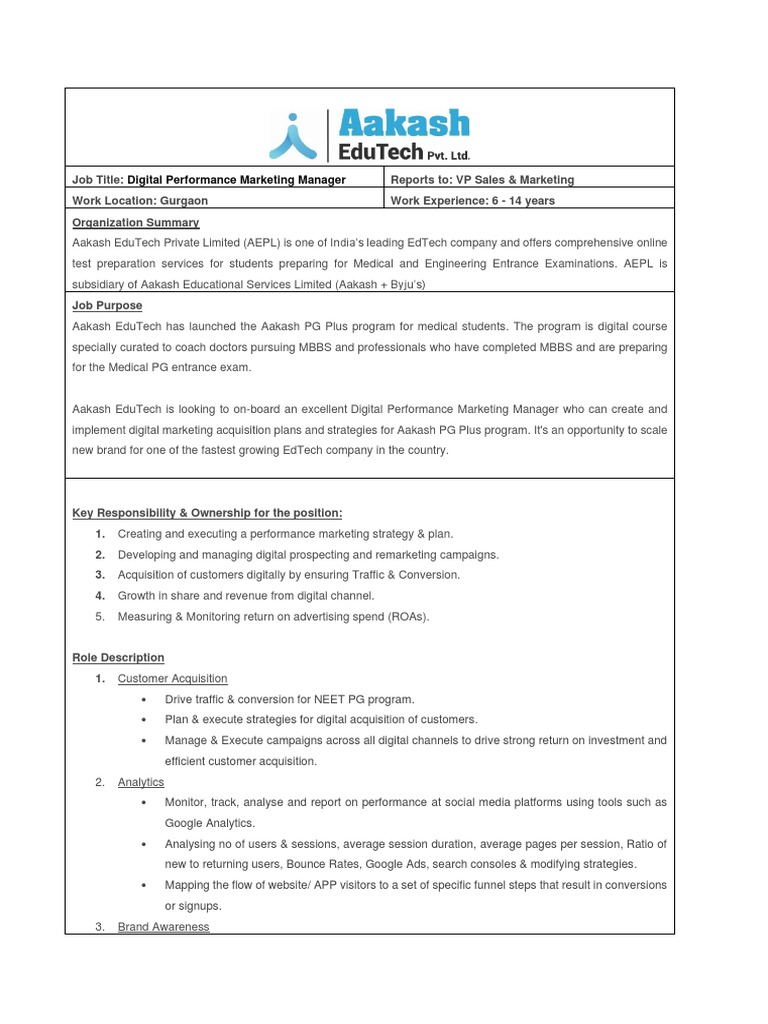 JD - Digital Performance Marketing - Aakash EduTech | PDF | Marketing ...