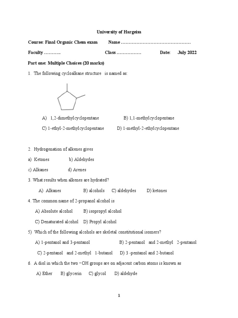 Final Organic Chem Exam 2022 | PDF | Aldehyde | Organic Chemistry