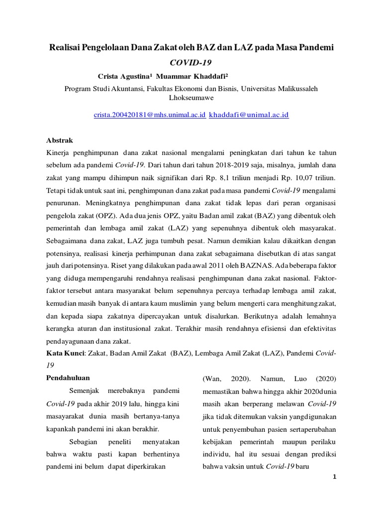 Crista Agustina (200420181) - Realisasi Penghimpunan Dana Zakat Oleh BAZ Dan LAZ Pada Masa ...
