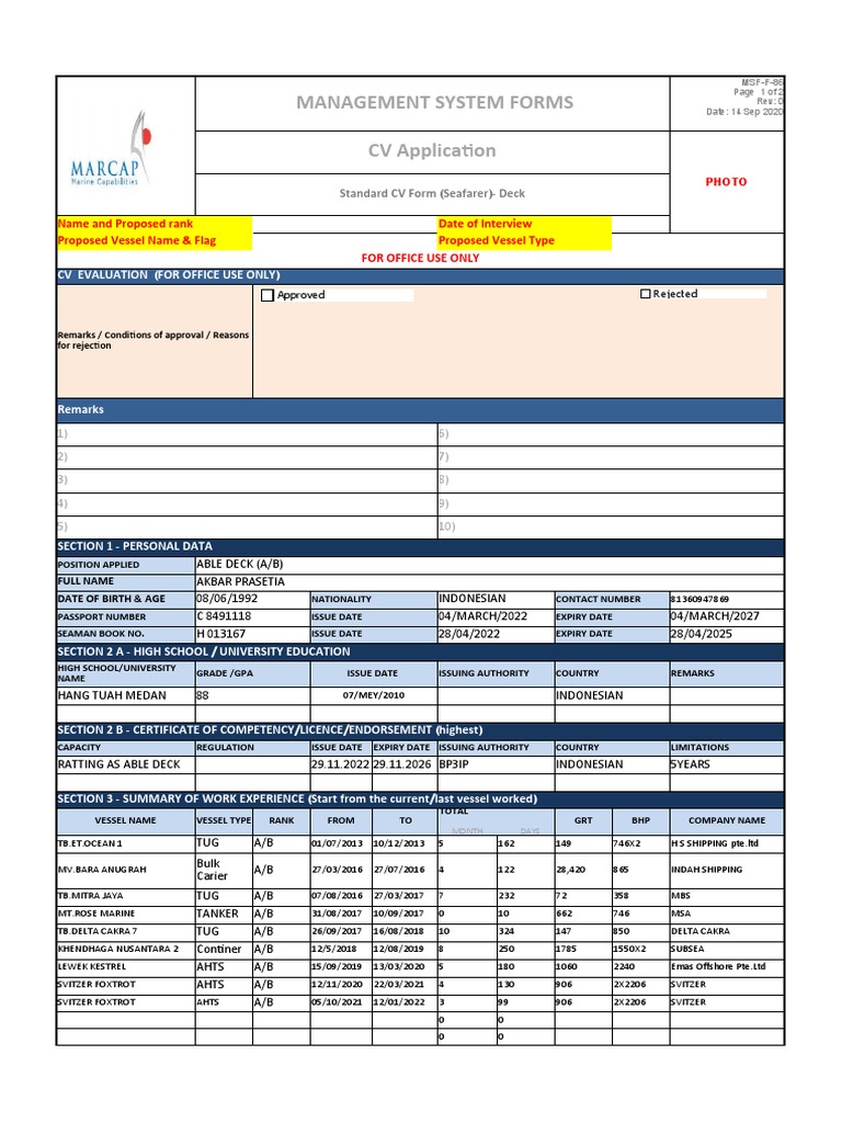 MSF-F-86 - CV Form For Marcap - Deck Side | PDF | Water Transport | Navigation