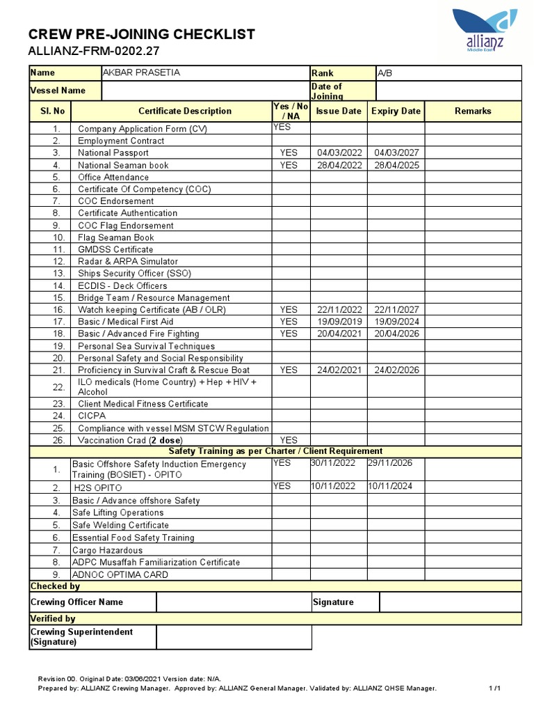 ALLIANZ-FRM-0202.27 Crew Pre-Joining Checklist | PDF | Water Transport ...