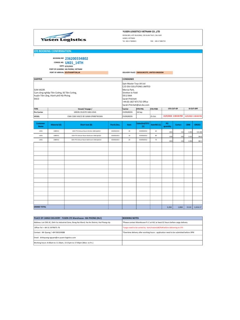 UK01 - 14TH: Cfs Booking Confirmation | PDF | Consumer Goods | Trade