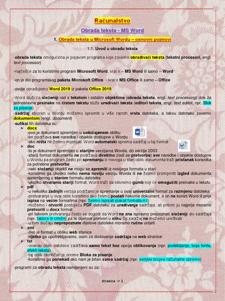 Racunalstvo Za 1. Razred - Word 2019 - 1. Dio | PDF