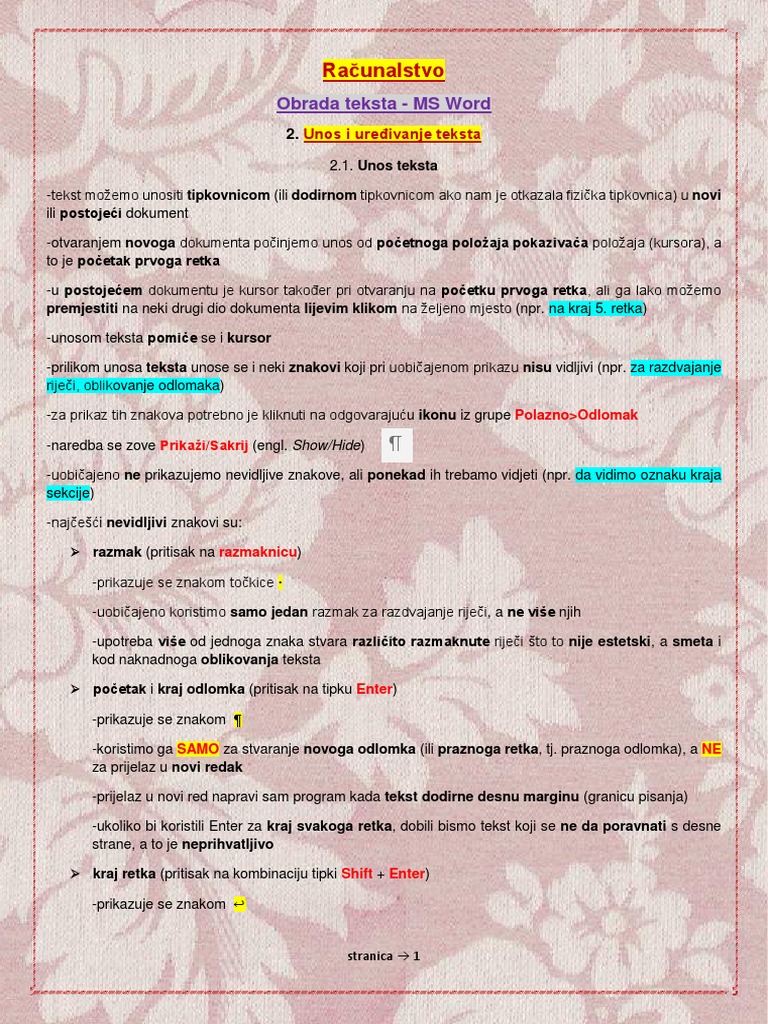 Racunalstvo Za 1. Razred - Word 2019 - 2. Dio | PDF