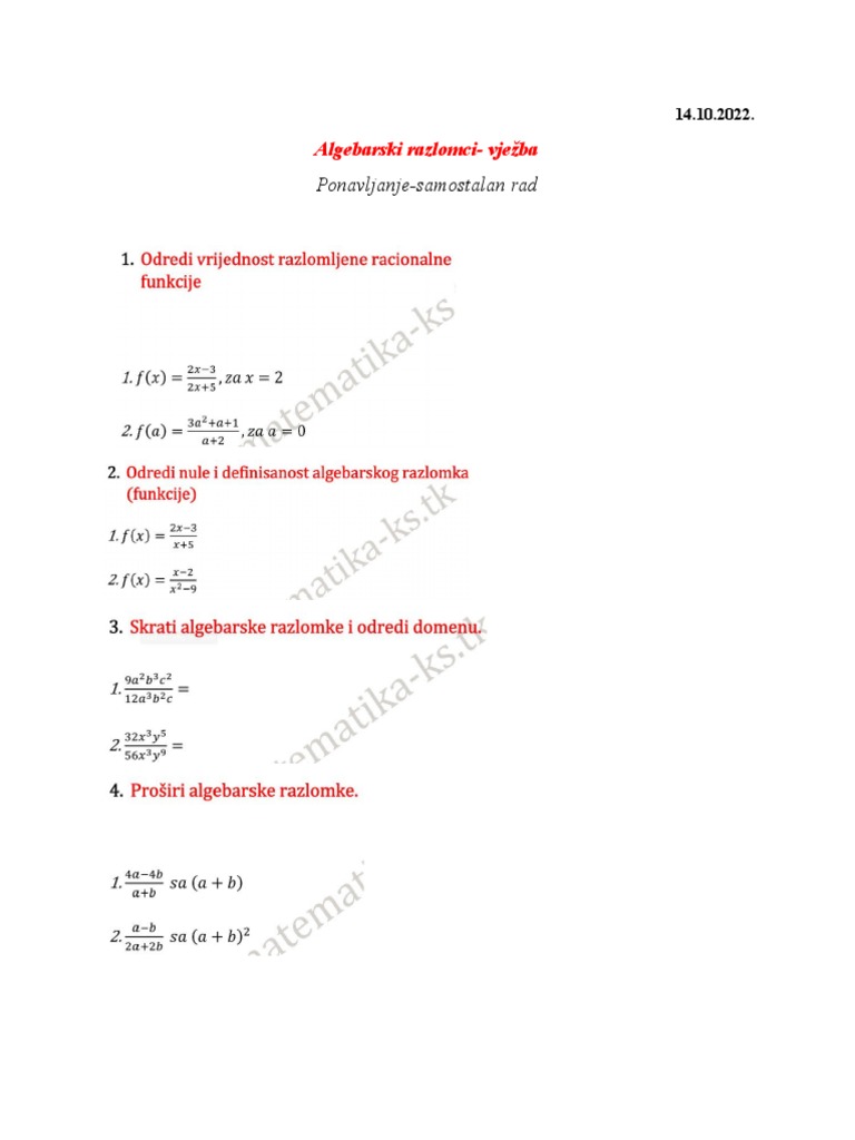 Ponavljanje-Samostalan Rad: Algebarski Razlomci-Vježba | PDF