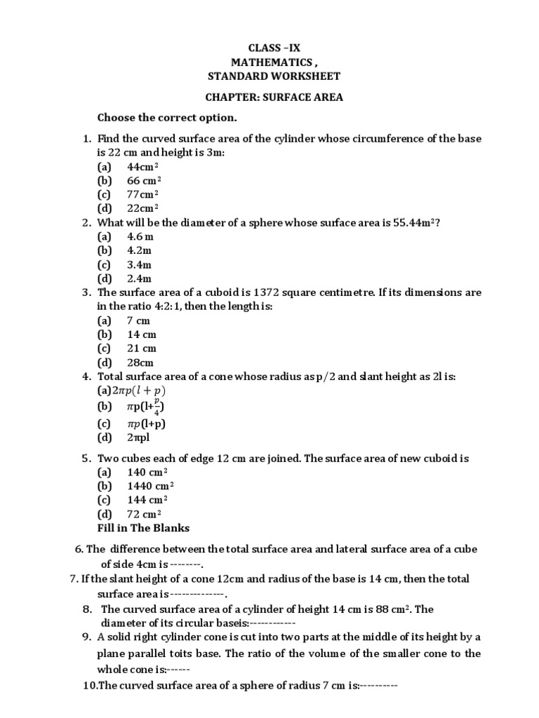 WS-Class IX - SURFACE AREA (Standard) | PDF | Area | Sphere