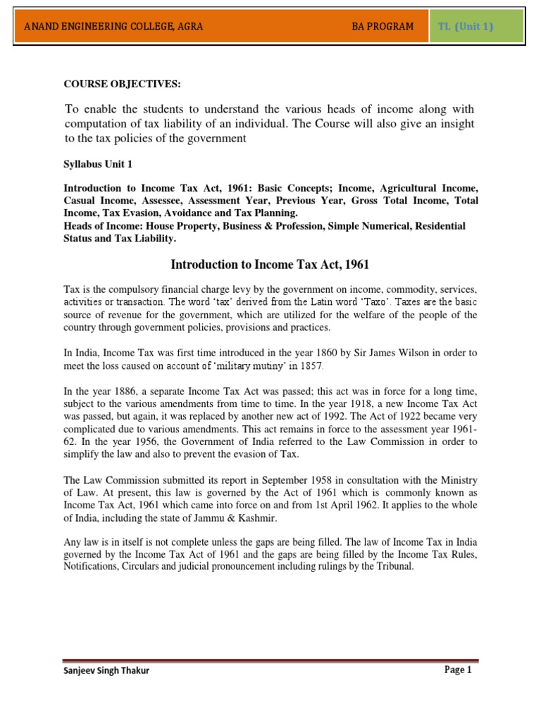 Taxation Laws Unit 1 Pdf Taxes Tax Avoidance