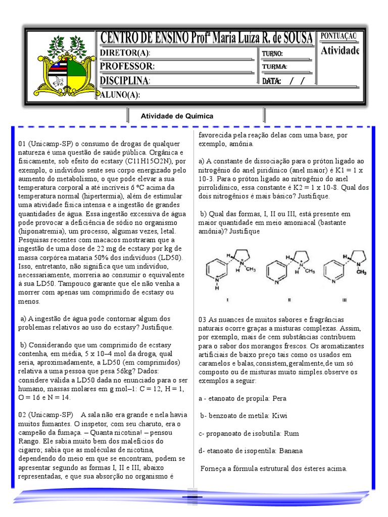 Atividade do 3° de Química | PDF | Éster | Compostos químicos