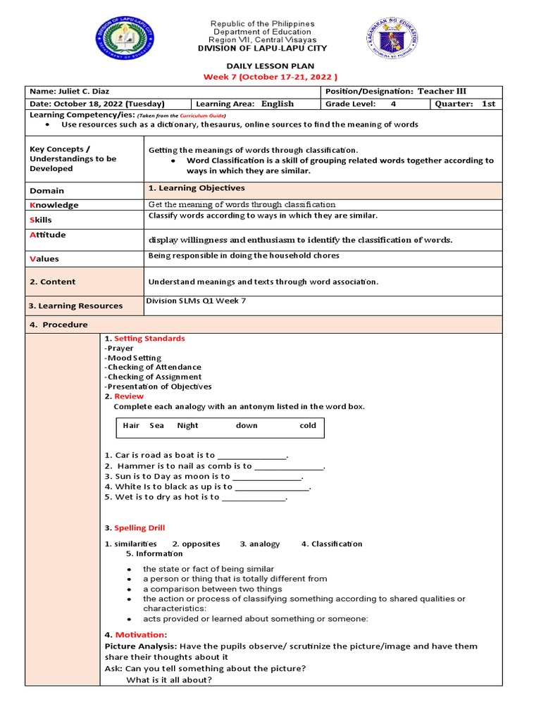 Grade 4 English Lesson Plan: Word Classification | PDF | Learning ...