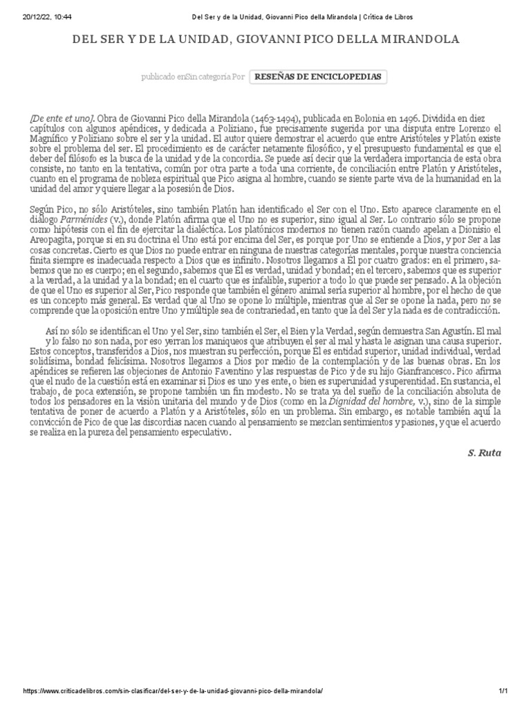 Del Ser y de La Unidad, Giovanni Pico Della Mirandola - Crítica de ...
