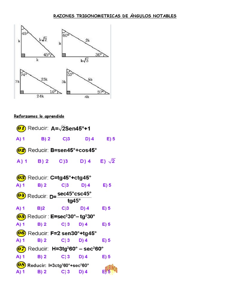 Ejercicios Razones Trigonometricas De Ángulos Notables Pdf
