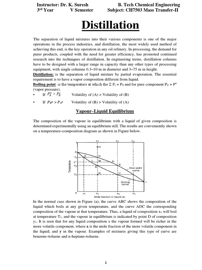 Distillation - Dr.K.Suresh - Notes | PDF | Distillation | Unit Operations