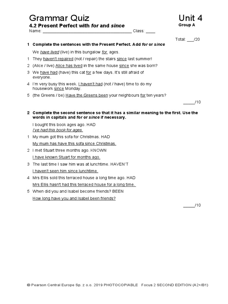 Grammar Quiz Unit 4: 4.2 Present Perfect With For and Since | PDF