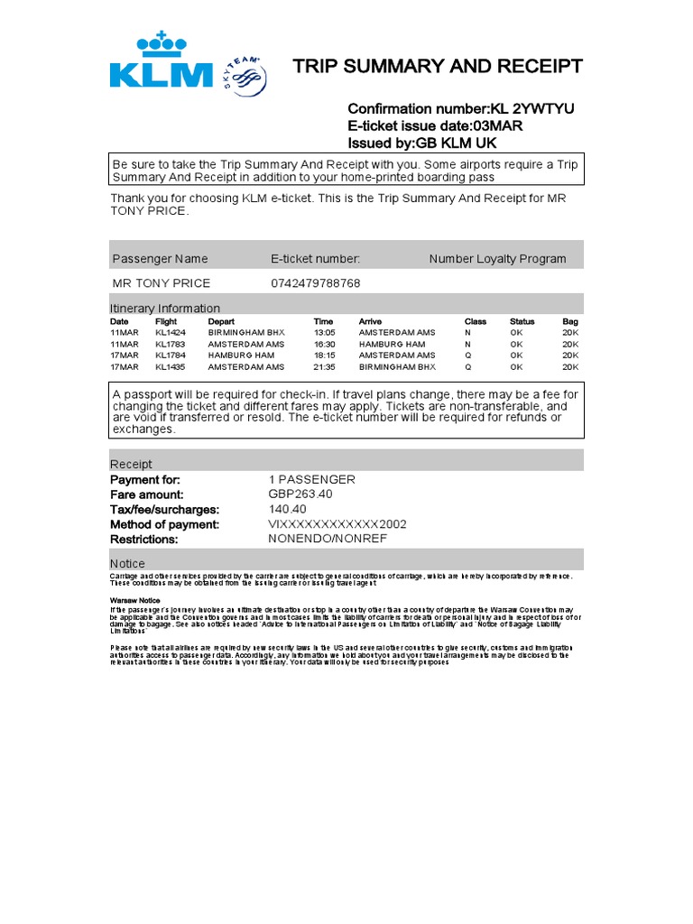 KLM Trip Summary and Receipt for Tony Price | PDF | Aviation | Transport