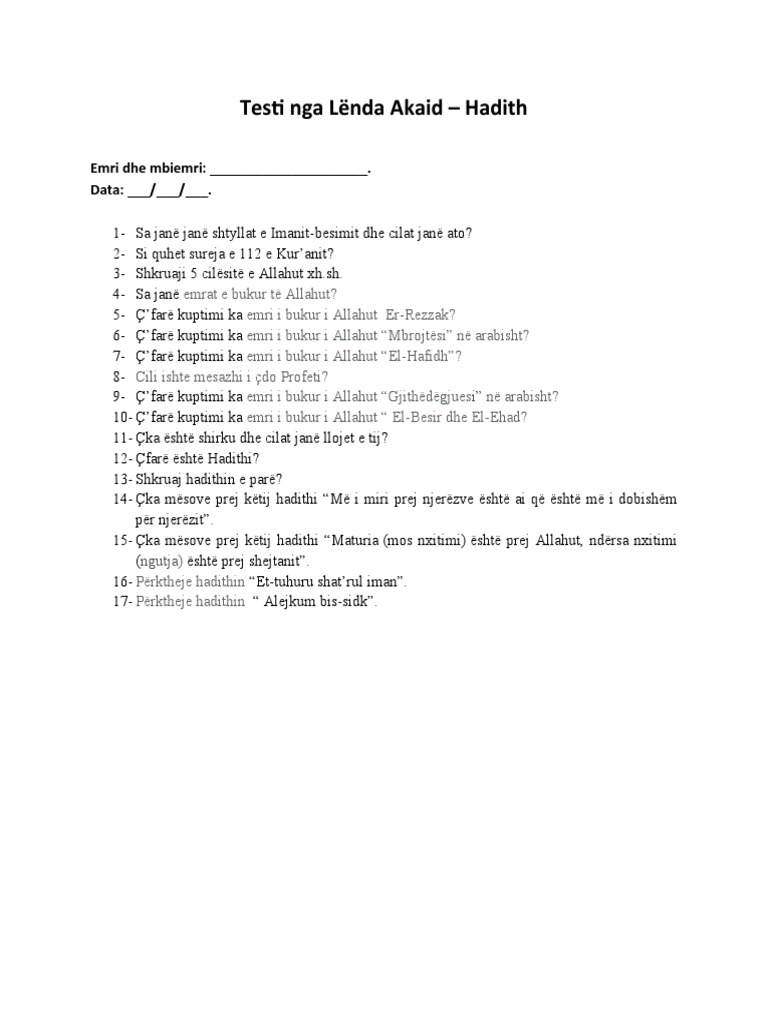 Testi Nga Lënda Akaid - Hadith | PDF