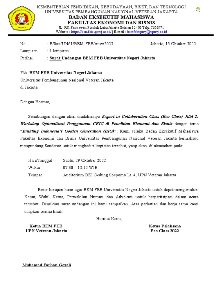 Kode B - Surat Undangan BEM FEB UNJ | PDF