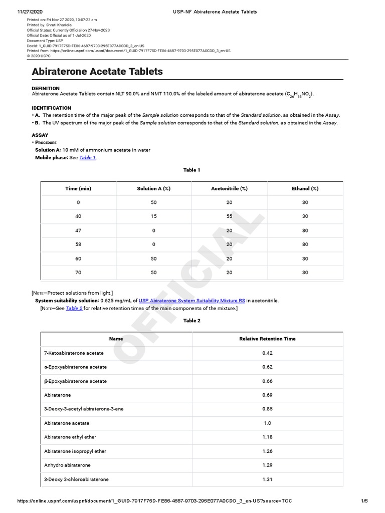 USP-NF Abiraterone Acetate Tablets | PDF | Chromatography | Buffer Solution