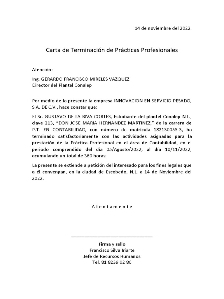 Carta de Terminación de Práctica Profesional | PDF