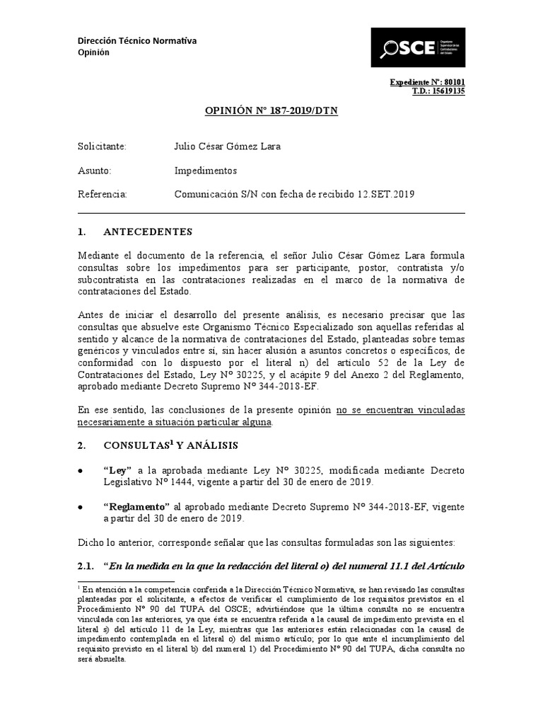 187-19 - Julio Cesar Gomez Lara - Impedimentos | PDF | Regulación | Estado (política)
