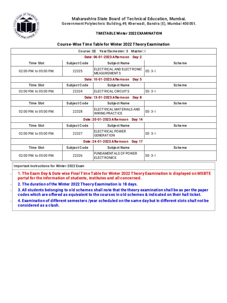 Maharashtra Winter 2022 Exam Timetable | PDF