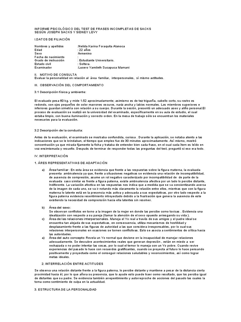 Informe Psicológico Del Test de Frases Incompletas de Sacks | PDF ...