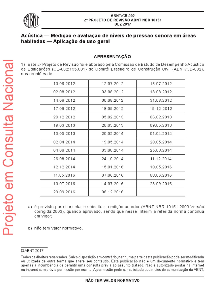 2º PROJETO DE REVISÃO ABNT NBR 10151 - Acústica - Medição e Avaliação ...