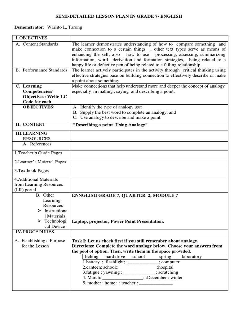 Comparing Through Analogy: A Detailed Lesson Plan on Using Analogies to ...