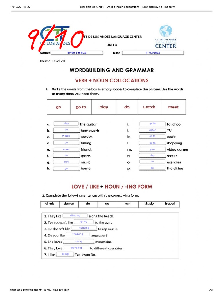 Ejercicio de Unit 4 - Verb + Noun Collocations - Like and Love + - Ing Form | PDF