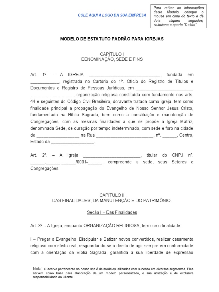 Modelo de Estatuto para Igrejas Evangélicas - Padrão - Incluído Pela Lei N 10825 de 22 12 2003 ...