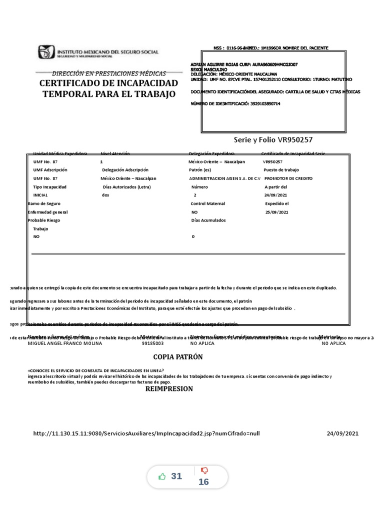 Incapacidad Imss Editable - Compres | PDF | Ciencias de la Salud