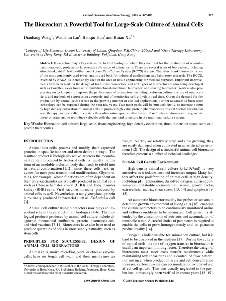 The Bioreactor A Powerful Tool For Large-Scale Culture of Animal Cells | PDF | Apoptosis | Cell ...
