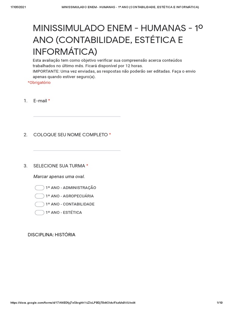 Mini Simulado HUMANAS 1 ANO INF, EST E CTB - Formulários Google | PDF | Positivismo | Rochas ...