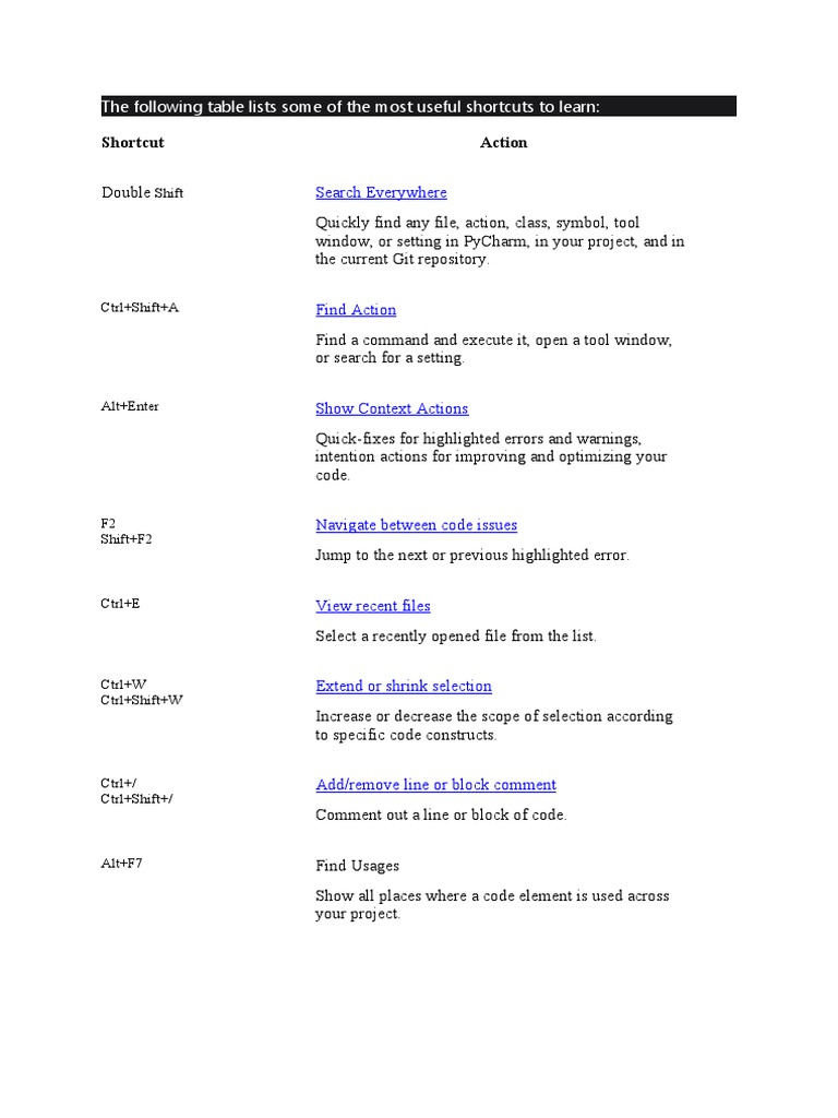 Pycharm Shortcuts | Download Free PDF | Keyboard Shortcut | Integrated ...