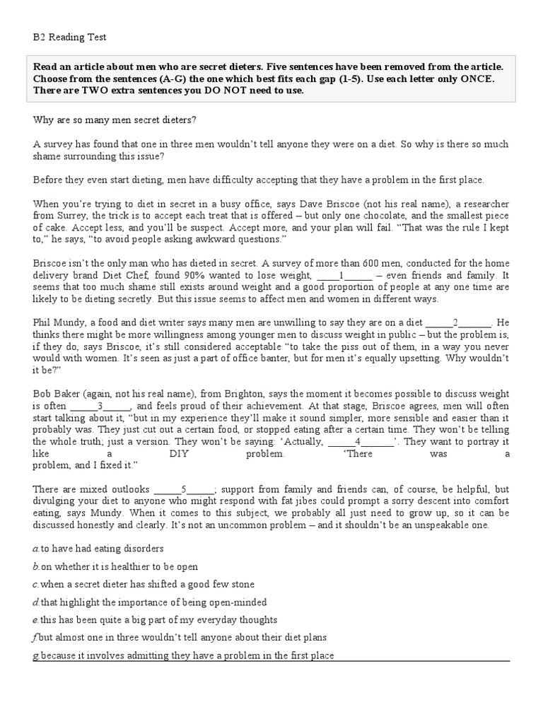 B2 Reading Test | PDF | Dieting