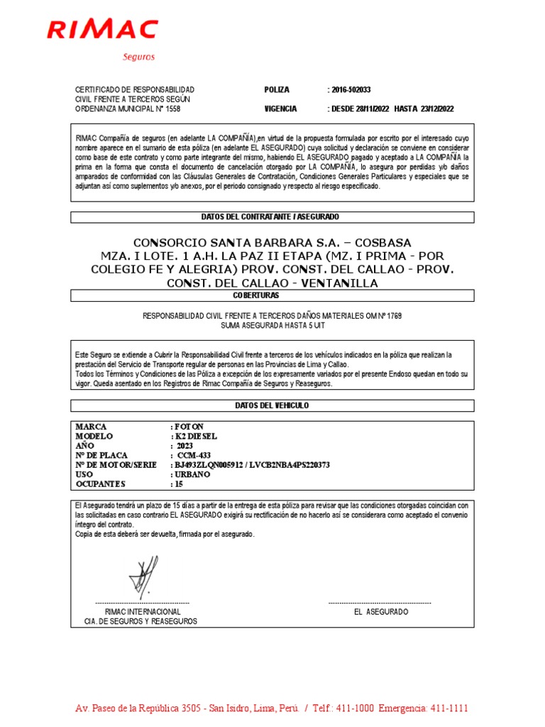 RC CCM433 | PDF | Póliza de seguros | Seguro
