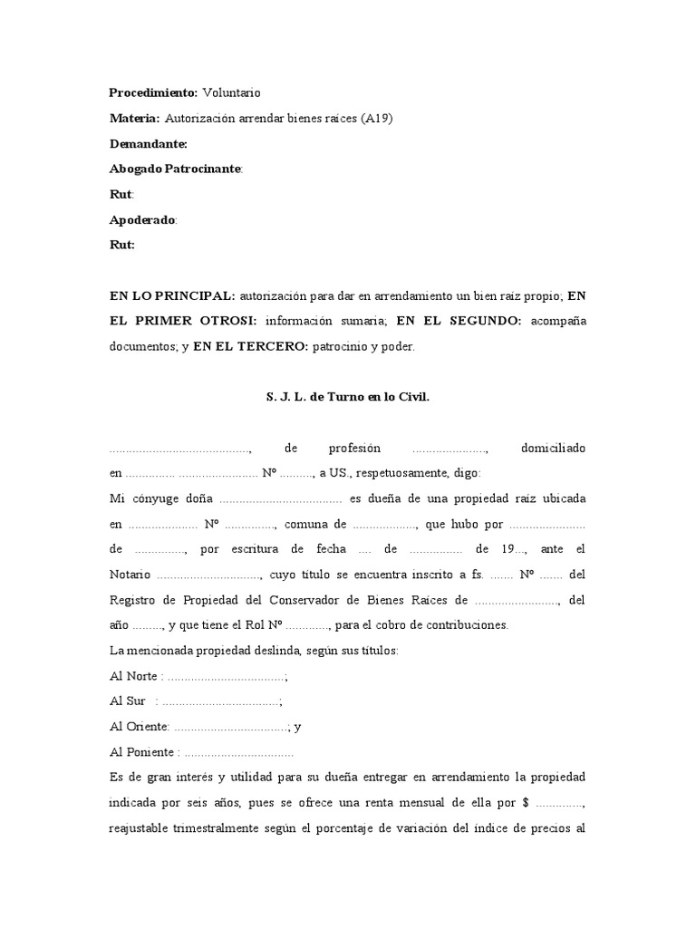 Modelo Chile - Solicitud - Autorizacion - Arrendar Bienes - Juzgado ...