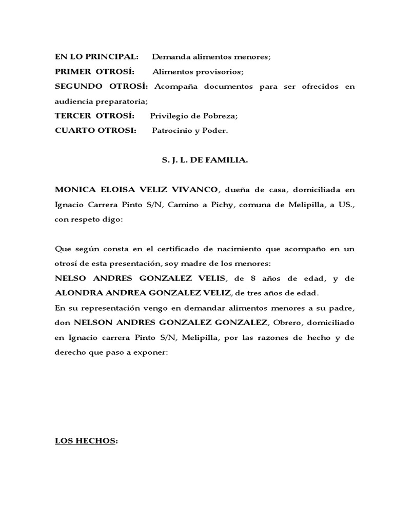 Modelo Chileno - Demanda de Alimentos | PDF | Pensión alimenticia ...