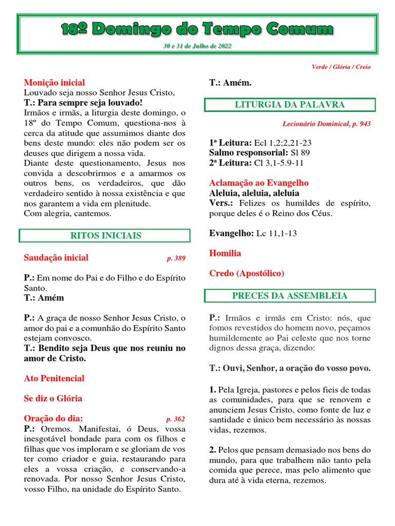 18º Domingo do Tempo Comum - Ano C | PDF | Eucaristia | Jesus