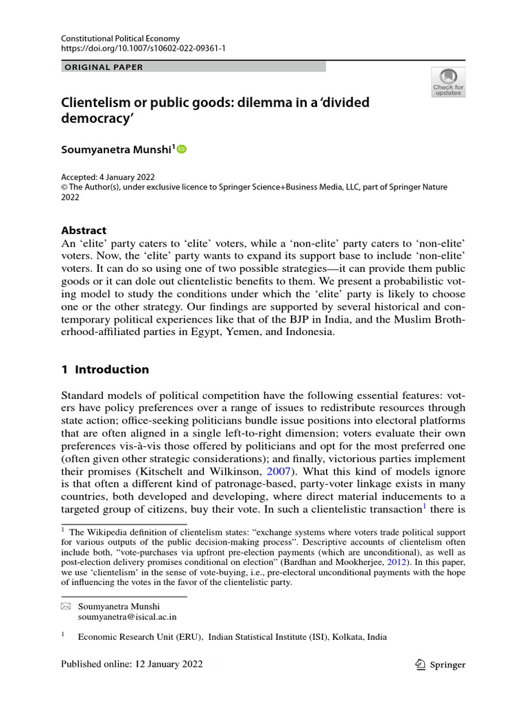 Clientelism or Public Goods - Dilemma in A Divided Democracy - Munshi ...