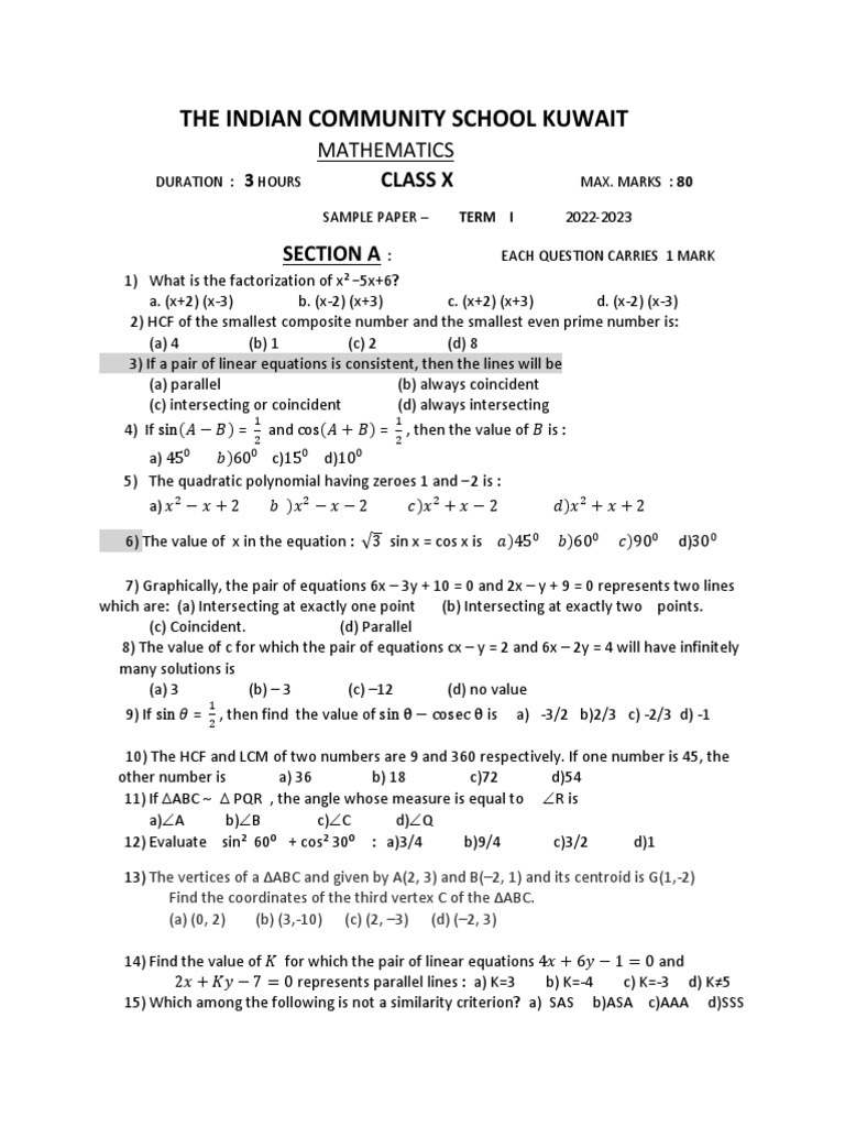 10th - Maths - Sample Paper - Aekas | PDF | Triangle | Equations