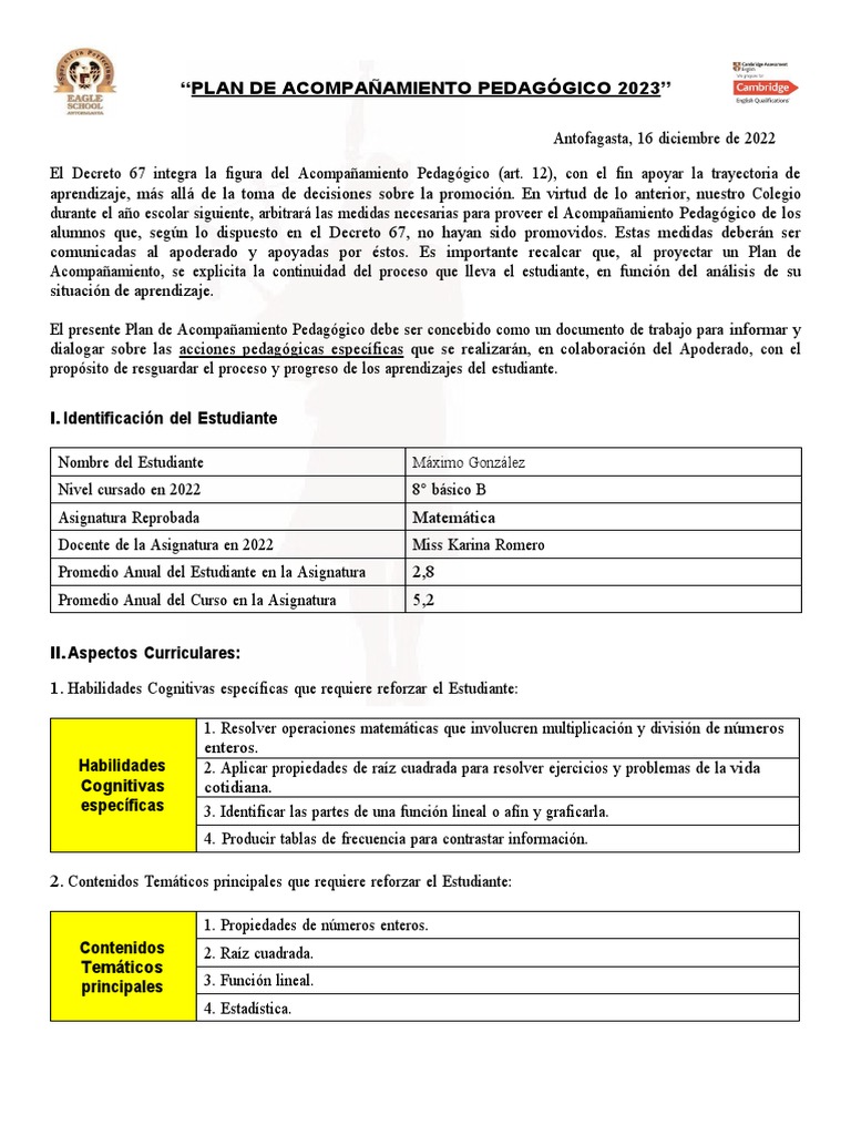 Plan de Apoyo Pedagógico CATALINA RODRÍGUEZ 2023 | PDF | Aprendizaje | Modificación de ...
