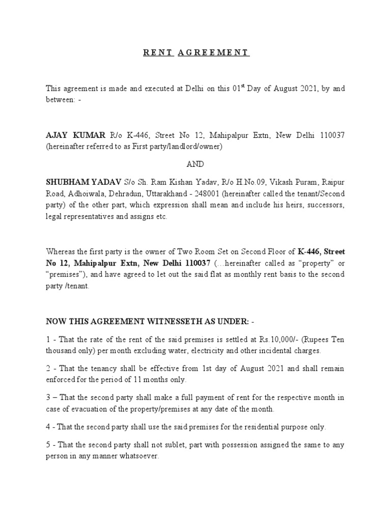 Rent Agreement 1 | PDF | Leasehold Estate | Lease