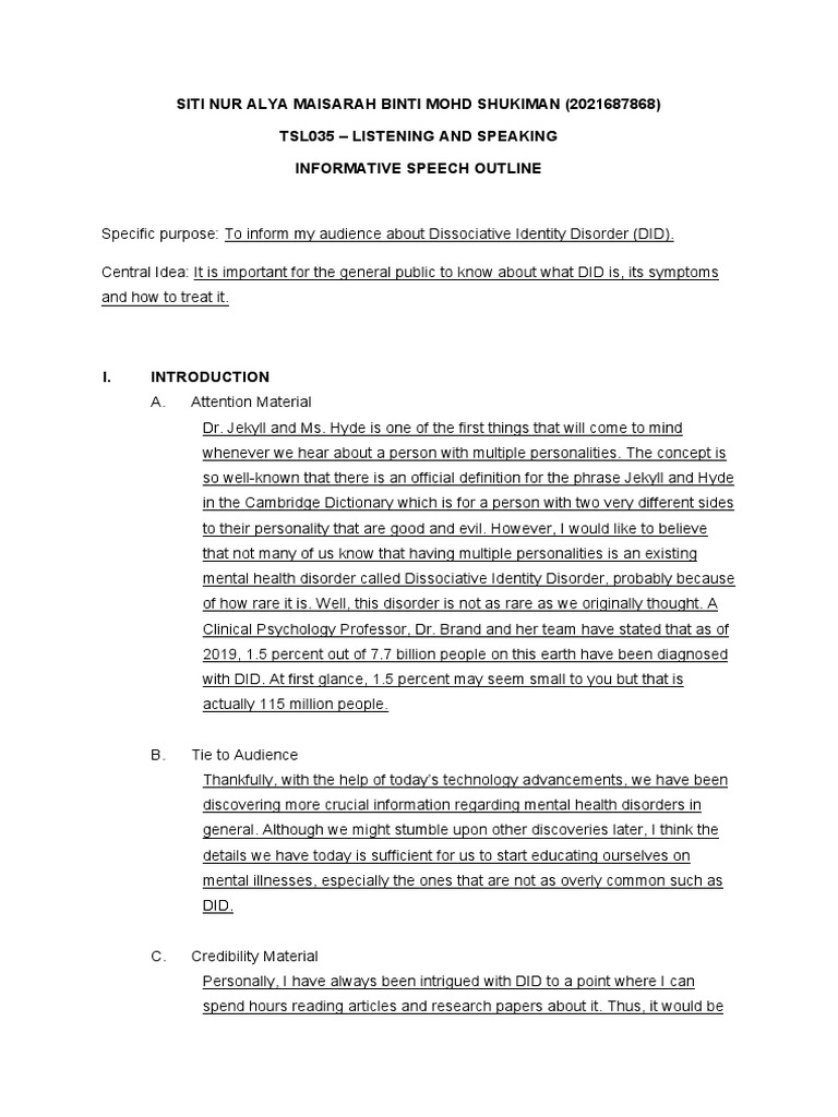 Understanding Dissociative Identity Disorder: An Informative Speech Outline on the Introduction ...