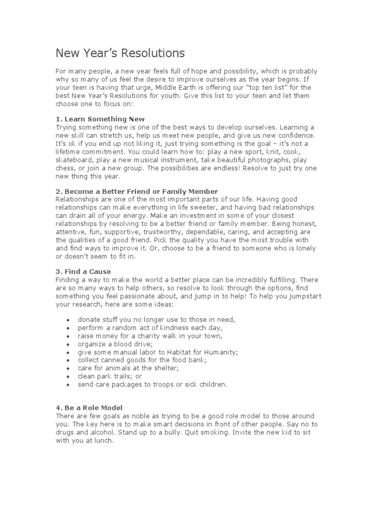 Top New Year Resolutions for Teens | PDF | Risk | Adolescence