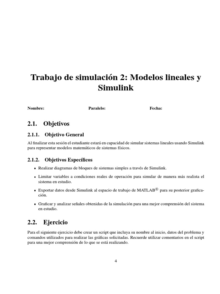 Trabajo de Simulaci On 2: Modelos Lineales y Simulink: 2.1. Objetivos ...